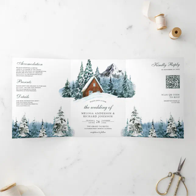 Winter Mountain Forest Cabin Lodge QR Code Wedding Tri-Fold Invitation ...