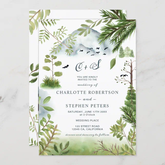 Winter mountain pine tree initials photo wedding invitation | Zazzle