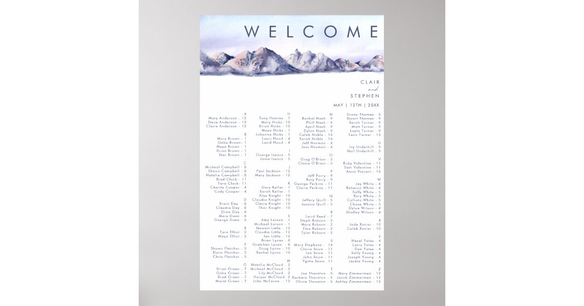 Winter Mountain Sunset Alphabetical Seating Chart | Zazzle