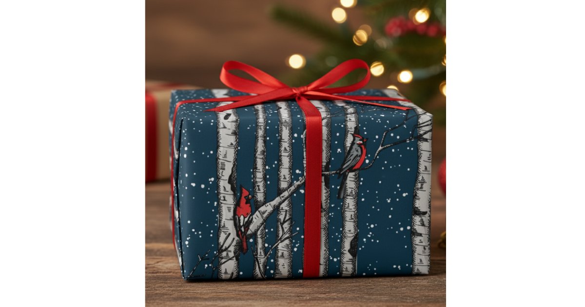 Winter Navy Blue Cardinal Birds Snow Birch Trees Wrapping Paper | Zazzle