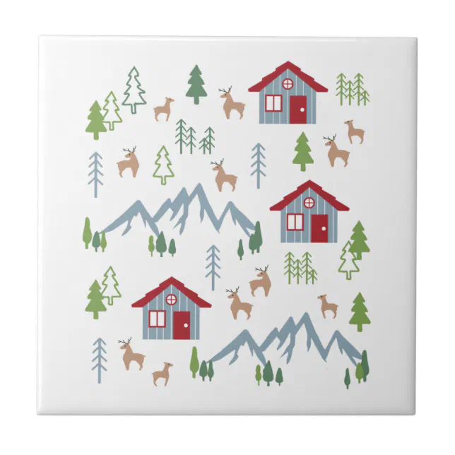 Winter Night Deer Forest Cabin Pattern II Ceramic Tile | Zazzle