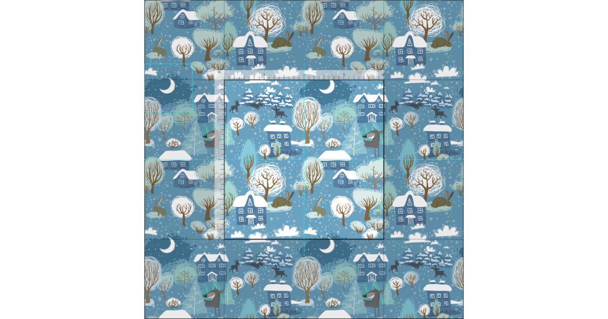 Winter night vintage village scene fabric | Zazzle