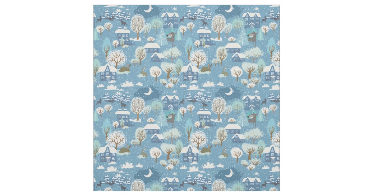 Winter night vintage village scene fabric | Zazzle