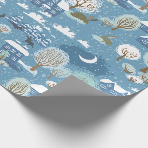 Winter night vintage village scene wrapping paper | Zazzle