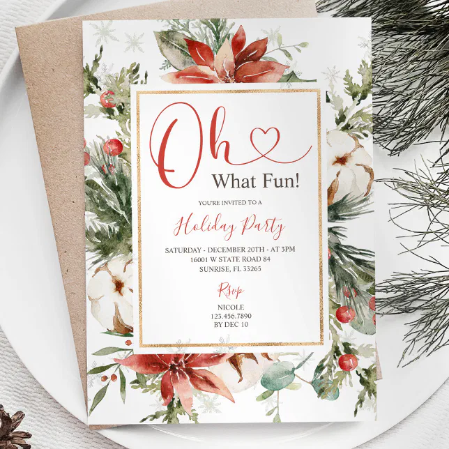Winter Oh What Fun Christmas Floral Holiday Party Invitation | Zazzle