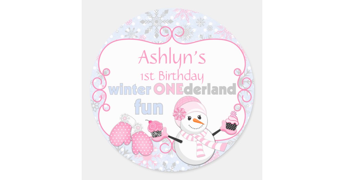 Winter One-derland First Birthday Snowman Mittens Classic Round Sticker ...