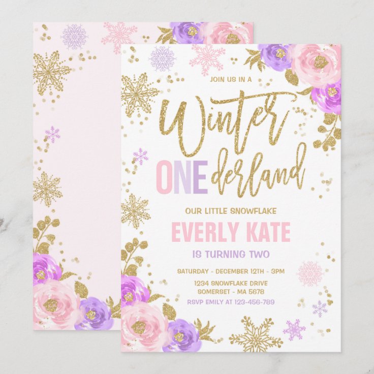 Winter ONEderland Birthday Gold Pink Snowflake Invitation | Zazzle