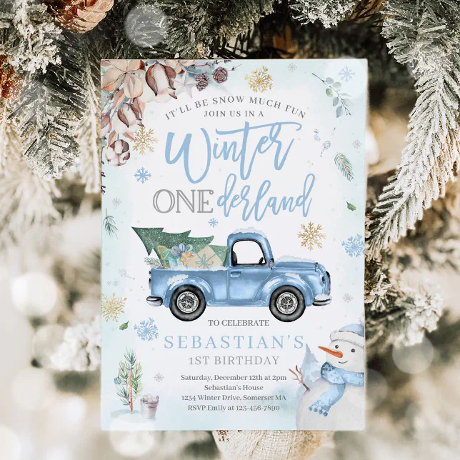 Winter ONEderland Blue Winter Truck Snowman Party Invitation | Zazzle