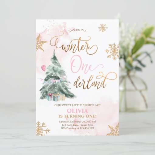 Winter Onederland Girl Pink Gold 1st Birthday Invitation | Zazzle