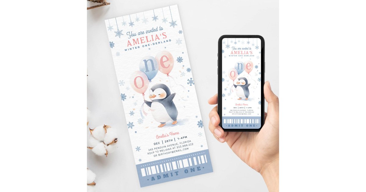 Winter Onederland Penguin 1st Birthday Ticket Pass Invitation | Zazzle