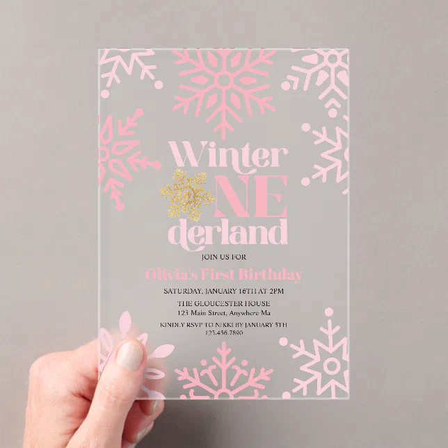 Winter Onederland Pink Gold Snowflake 1st Birthday Acrylic Invitations ...