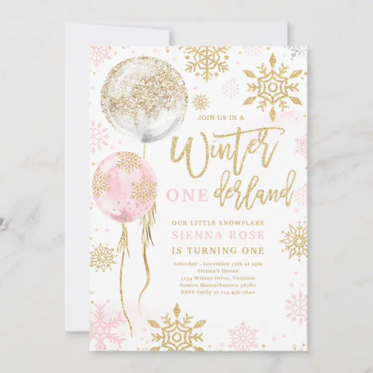 Winter Onederland Pink Gold Snowflake Birthday Invitation | Zazzle