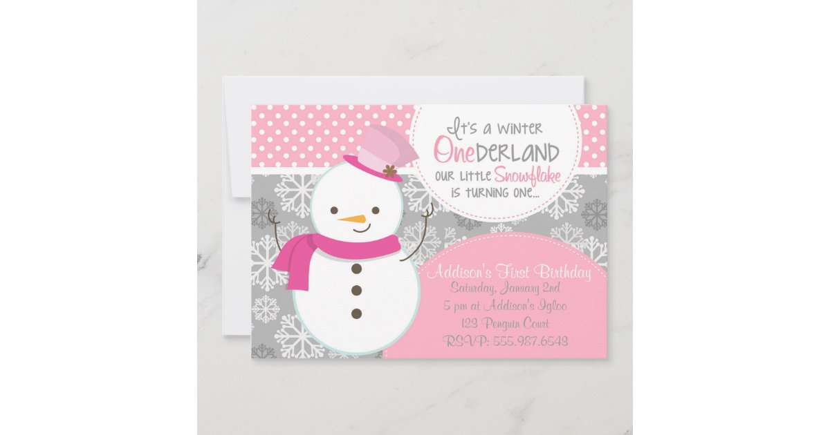 Winter ONEderland Pink Snowman Invitation | Zazzle