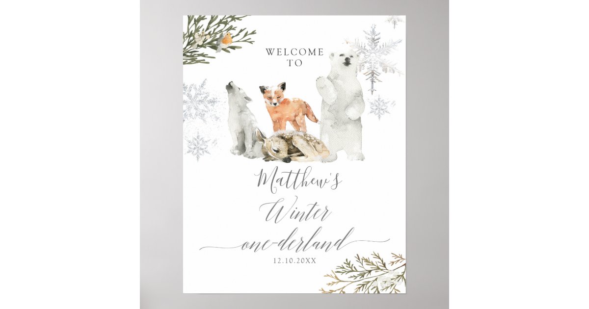 Winter Onederland Woodland Animal Birthday Welcome Poster | Zazzle