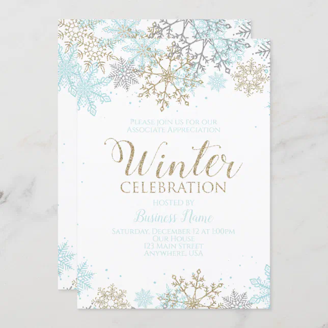 Winter Party Blue Gold Snowflakes Invitation | Zazzle