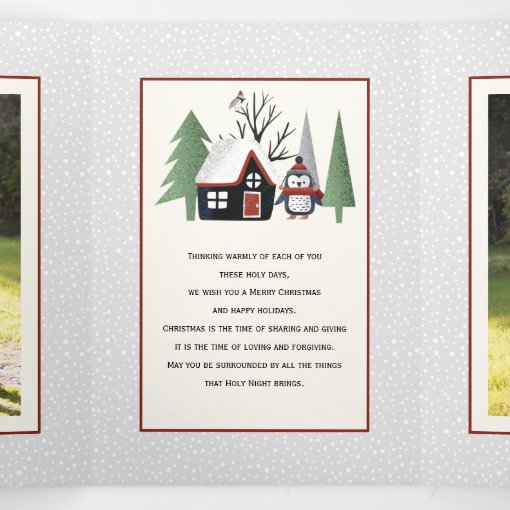 Winter penguin and trees Christmas multi photo Tri-Fold Holiday Card ...