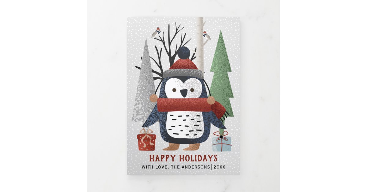 Winter penguin and trees Christmas multi photo Tri-Fold Holiday Card ...