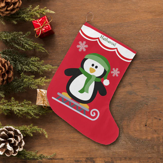 Winter Penguin on Sled Large Christmas Stocking | Zazzle
