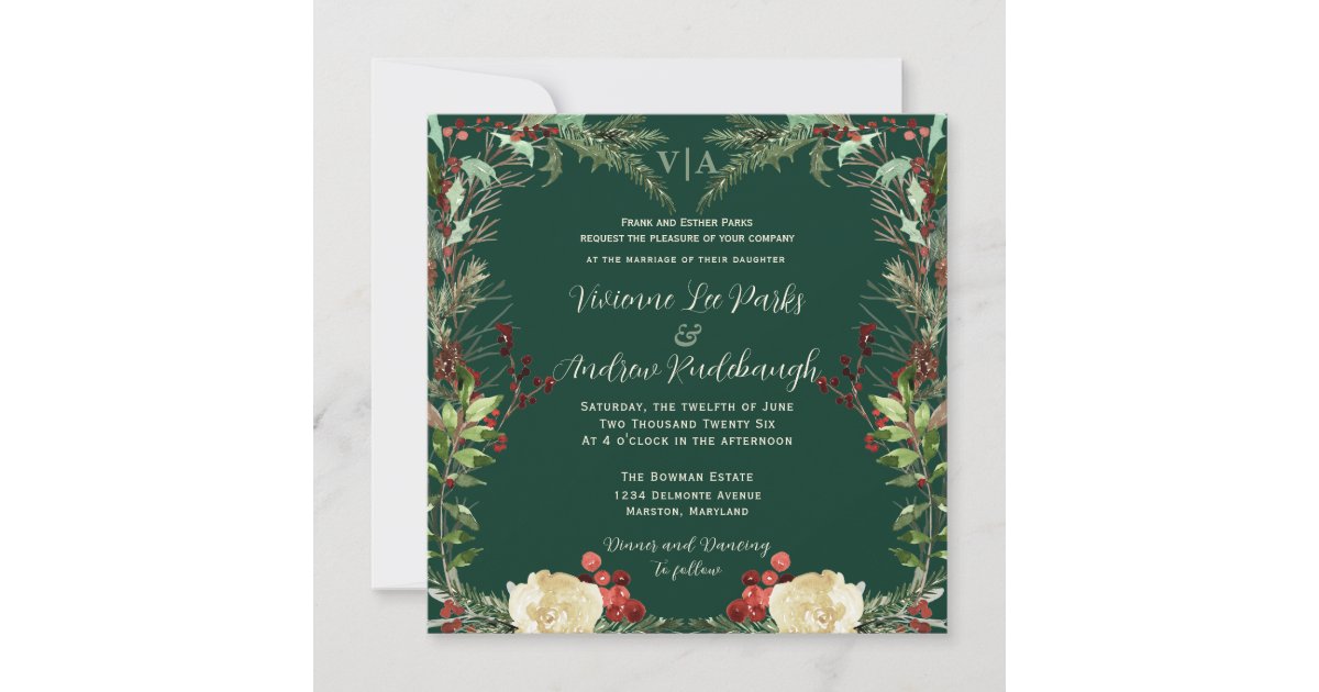 Winter Pine and Roses Wedding Invitation | Zazzle
