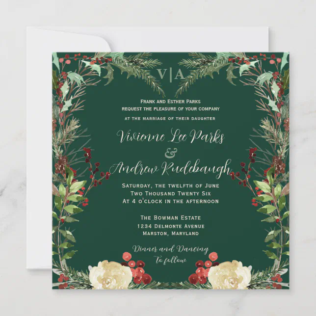 Winter Pine and Roses Wedding Invitation | Zazzle
