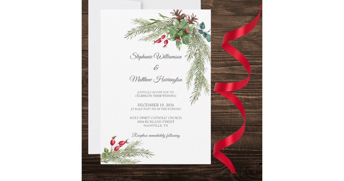 Winter Pine Branches with Berries Wedding Invitation | Zazzle