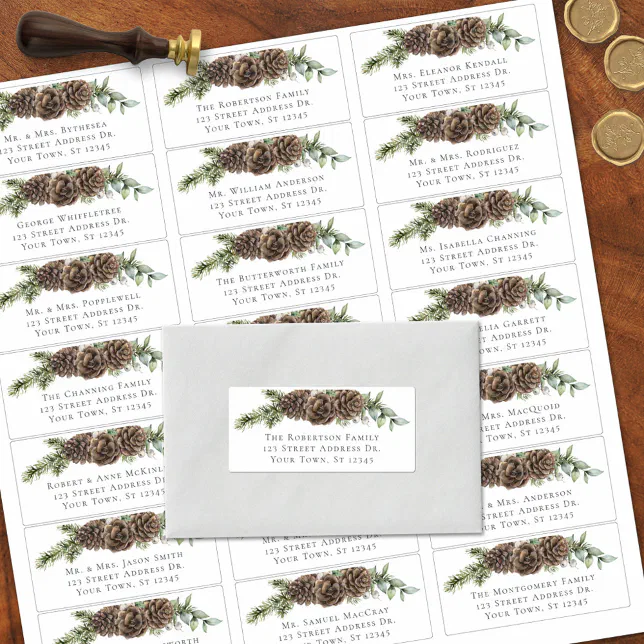 Winter Pine Cone Wedding Guest Address Labels | Zazzle