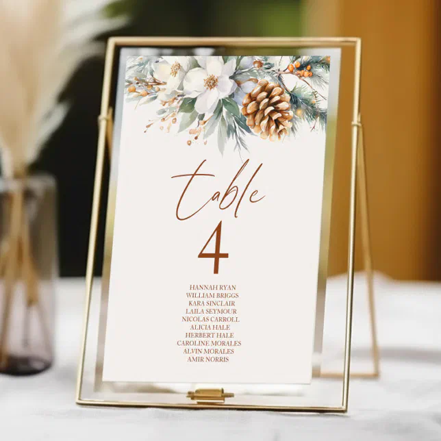 Winter Pine Tree Floral Wedding Table Number | Zazzle