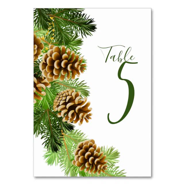 Winter Pine Tree & Pine Cones Wedding Table Number | Zazzle