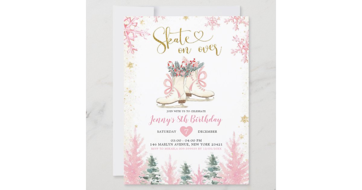 Winter Pink and Gold Girl Ice Skating Birthday Invitation | Zazzle