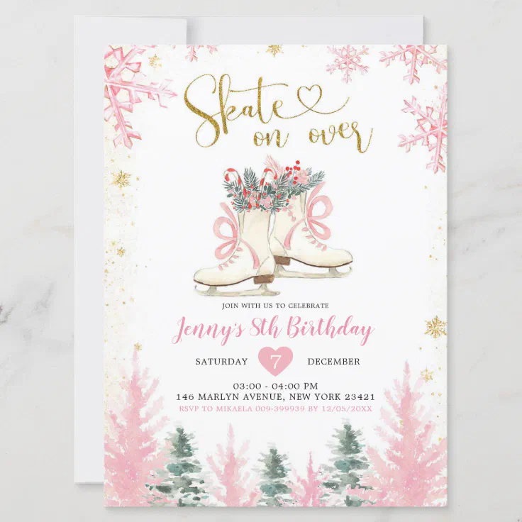 Winter Pink and Gold Girl Ice Skating Birthday Invitation | Zazzle