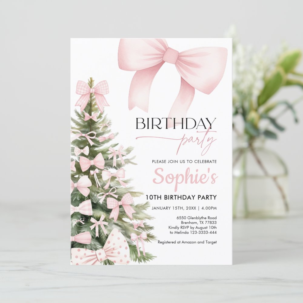 Winter Pink Bow Birthday Invitation - Snuggle Hamster Designs