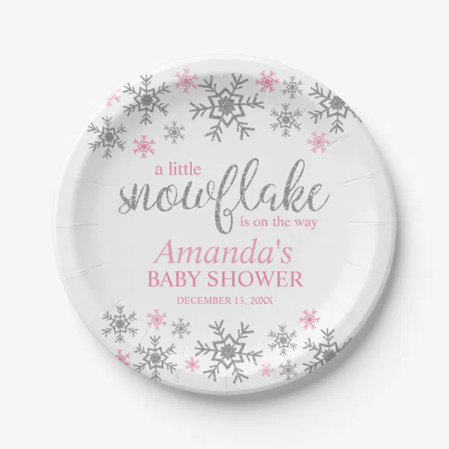 Winter Pink Snowflake Baby Shower Paper Plates | Zazzle