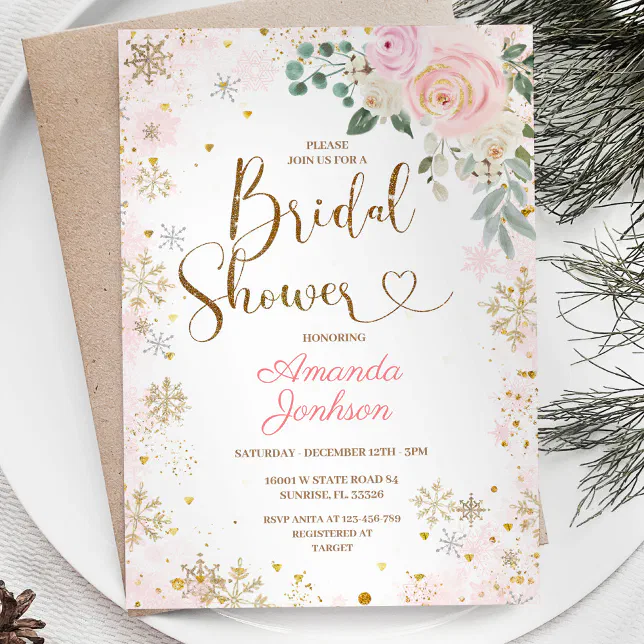 Winter Pink Snowflake Floral Bridal Shower Invitation | Zazzle