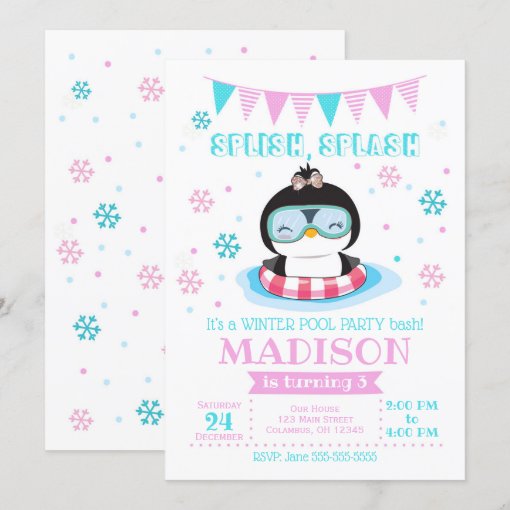 Winter Pool Party Invitation / Girl Penguin Invite | Zazzle