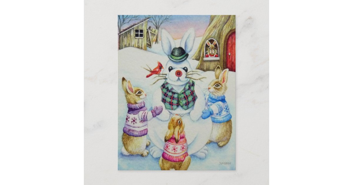 Winter Rabbits Building Snowbunny Watercolor Art Postcard | Zazzle