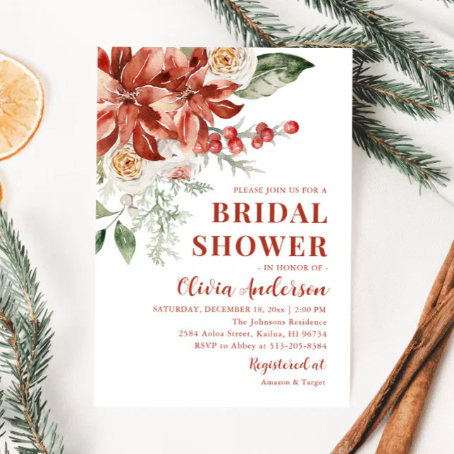 Winter Red Floral Christmas Bridal Shower Invitation | Zazzle