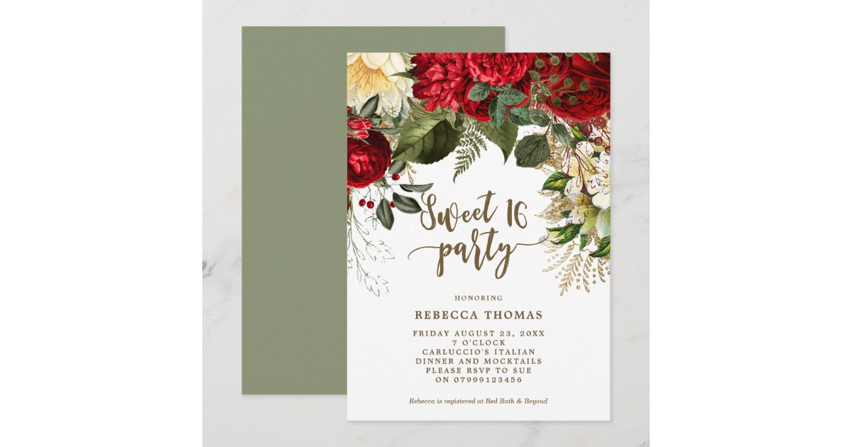 winter red floral Sweet 16 party invitation | Zazzle
