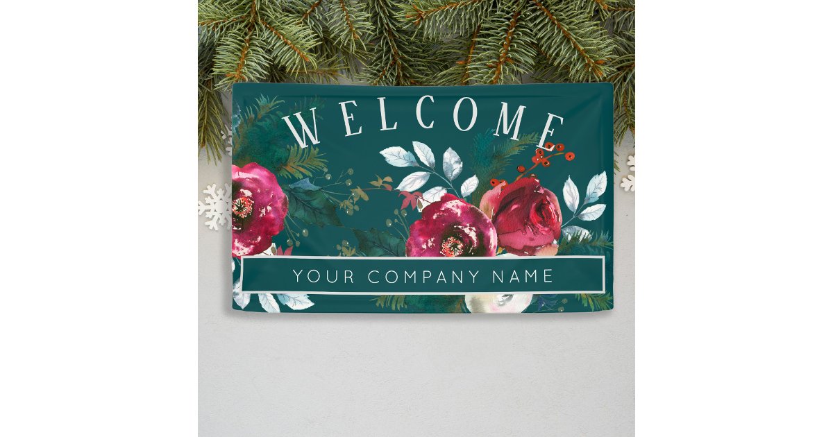 Winter Red Roses Christmas Corporate Party Welcome Banner | Zazzle