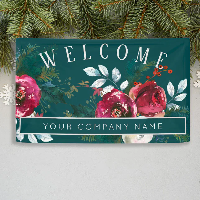 Winter Red Roses Christmas Corporate Party Welcome Banner | Zazzle