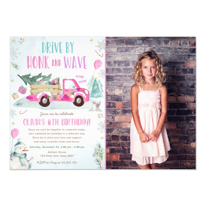 Winter Red Truck Drive By Through Girl Birthday Invitation | Zazzle.com