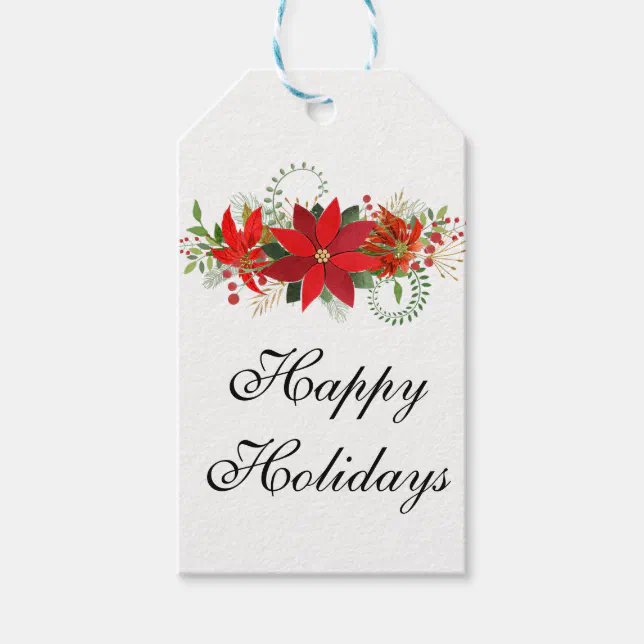 Winter Red White Poinsettia Holiday Floral Rustic Gift Tags | Zazzle