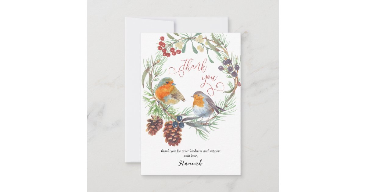 Winter Robin and Pine Wreath Calligraphy Thank You Card | Zazzle