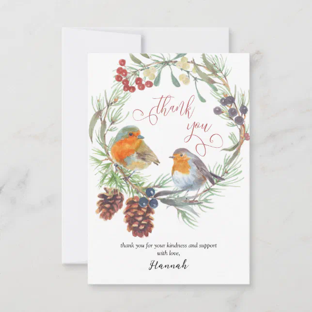 Winter Robin and Pine Wreath Calligraphy Thank You Card | Zazzle