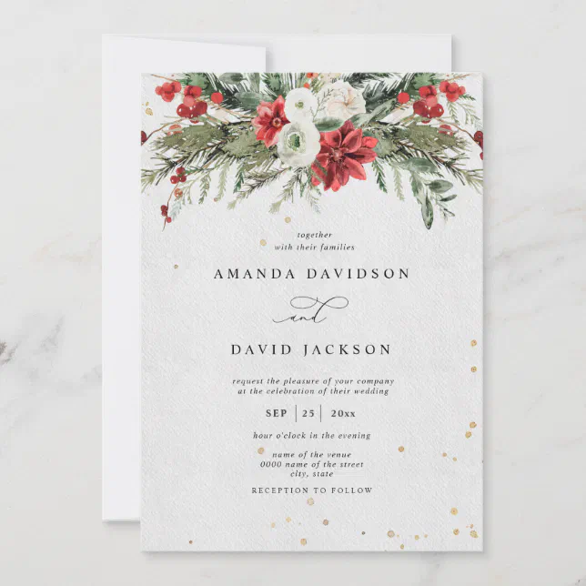 Winter Rustic Pine Greenery Red Berries Wedding Invitation | Zazzle
