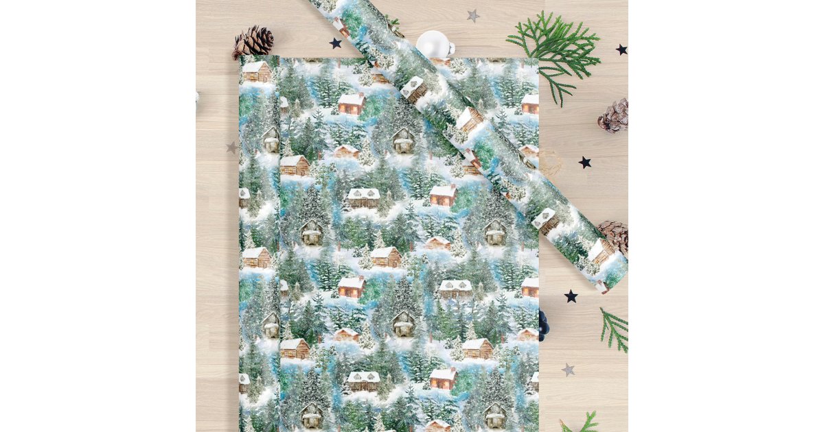 Winter Rustic Woodland Christmas Cabins Wrapping Paper | Zazzle