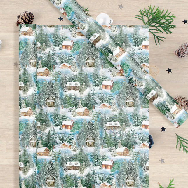 Winter Rustic Woodland Christmas Cabins Wrapping Paper | Zazzle