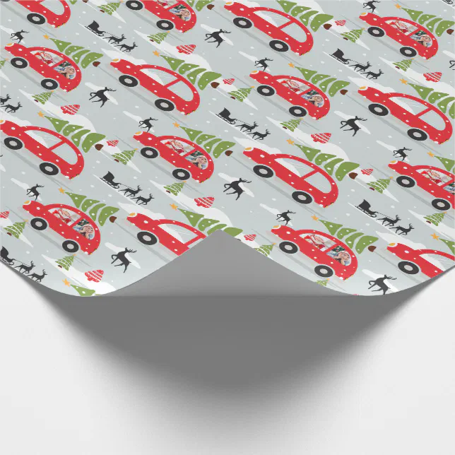 Winter Scenery Christmas Tree Car Family Photo Wrapping Paper | Zazzle