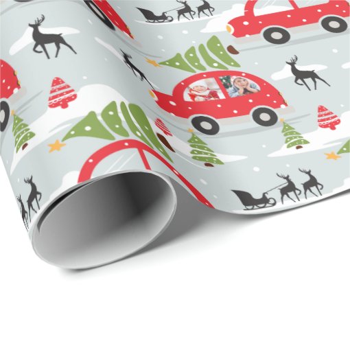 Winter Scenery Christmas Tree Car Family Photo Wrapping Paper | Zazzle