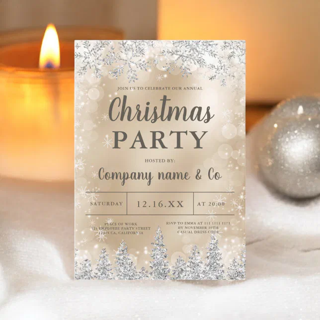 Winter silver snow pine gold corporate Christmas Invitation | Zazzle