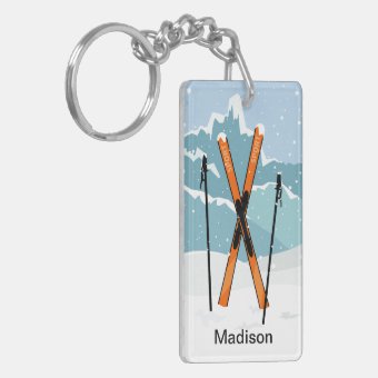 Winter Skiing custom name key chain | Zazzle